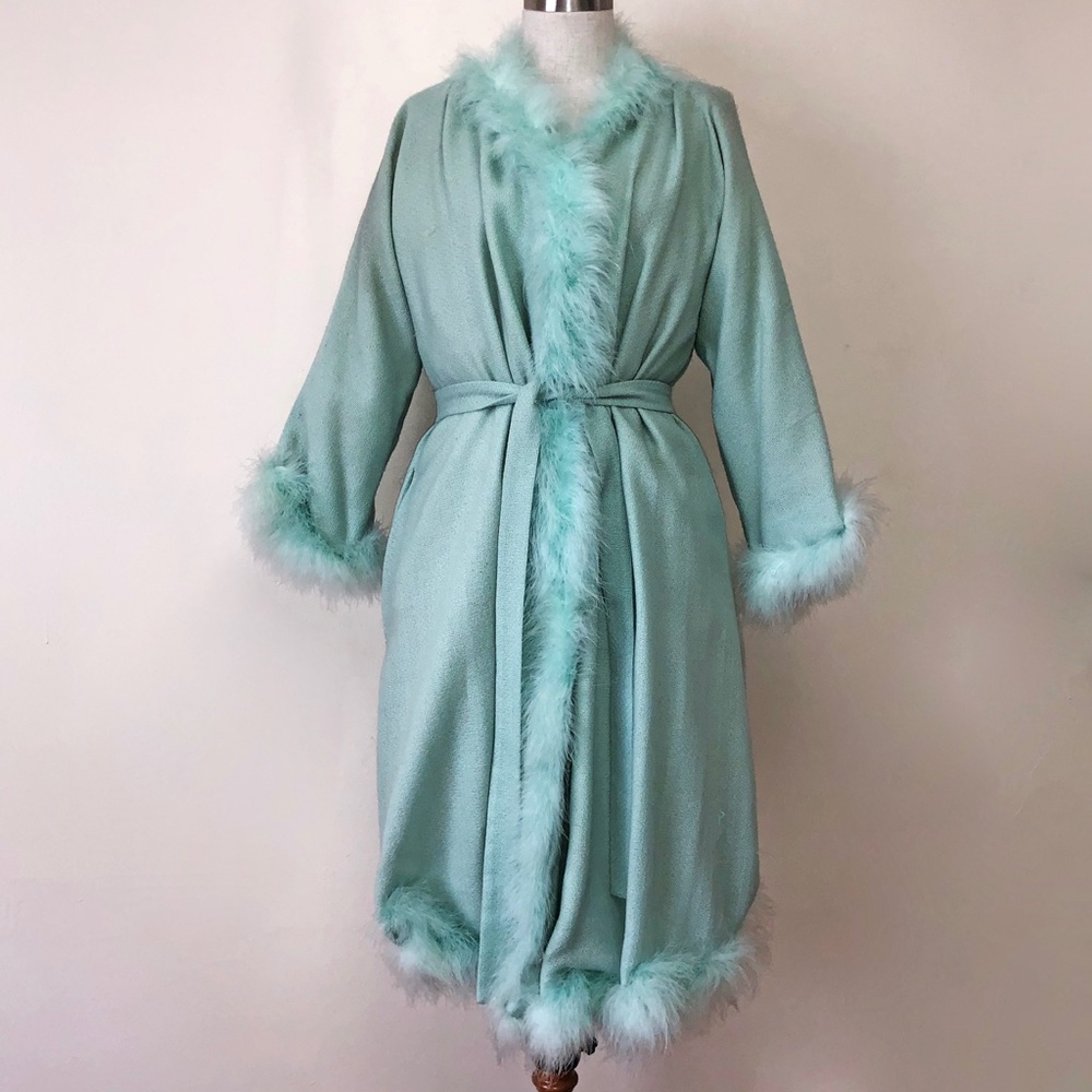 Vintage Seafoam Green Cashmere Marabou Robe Jacket - Gem